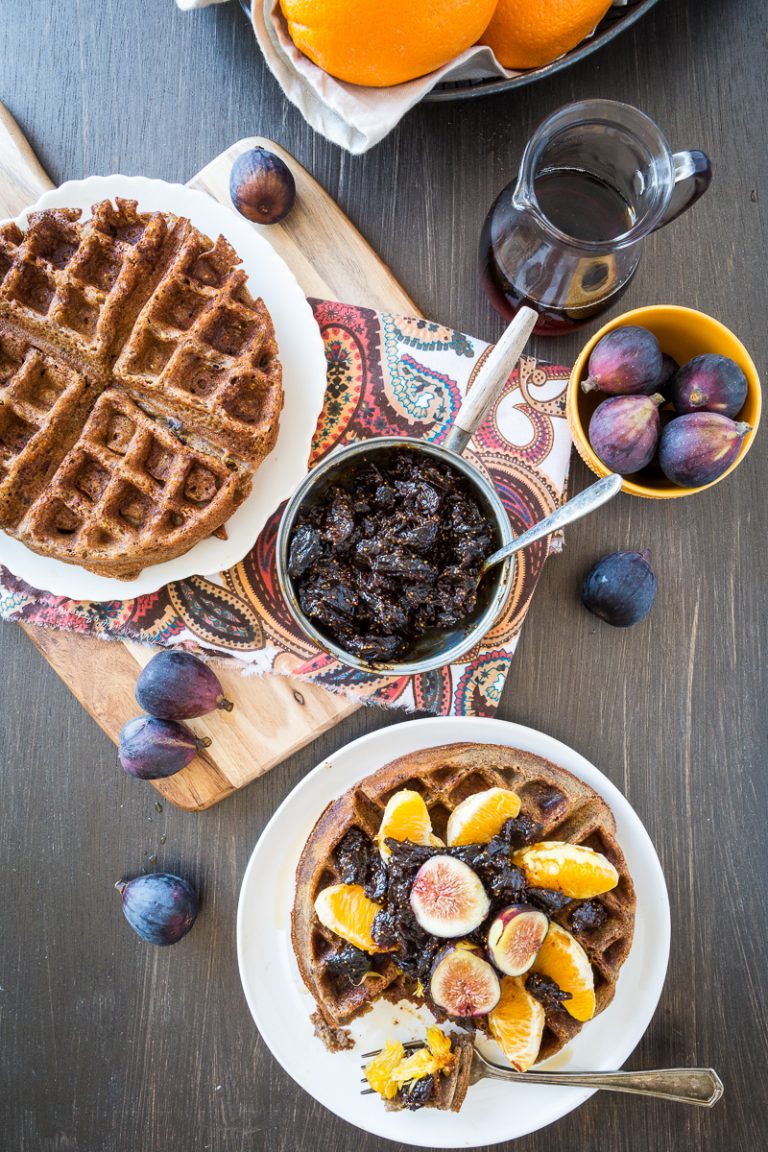 Spiced Orange Cacao Nib Waffles with Fig Compote